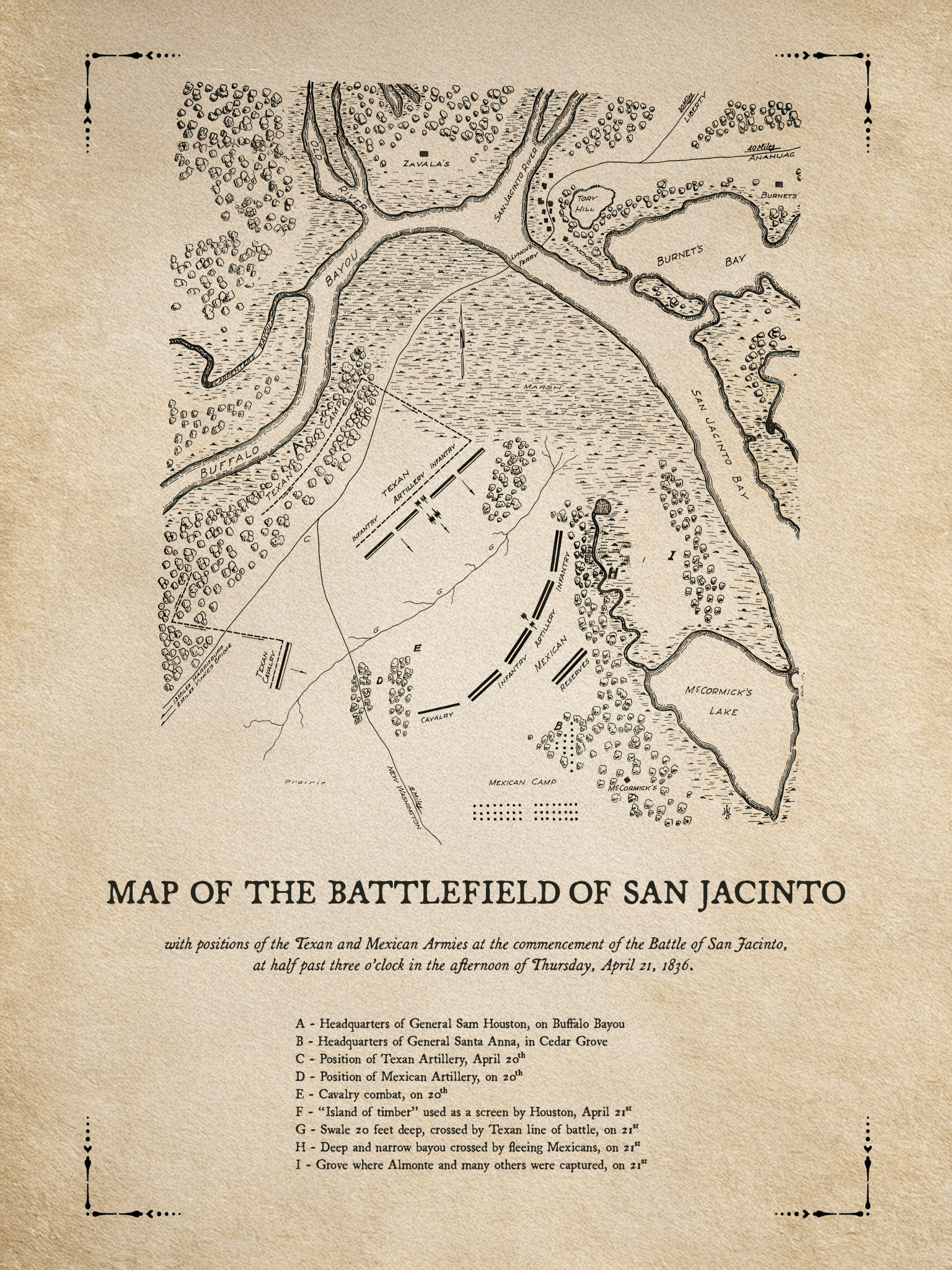 San Jacinto Battlefield Map by Andrew Jackson Houston - Fine Art Print ...
