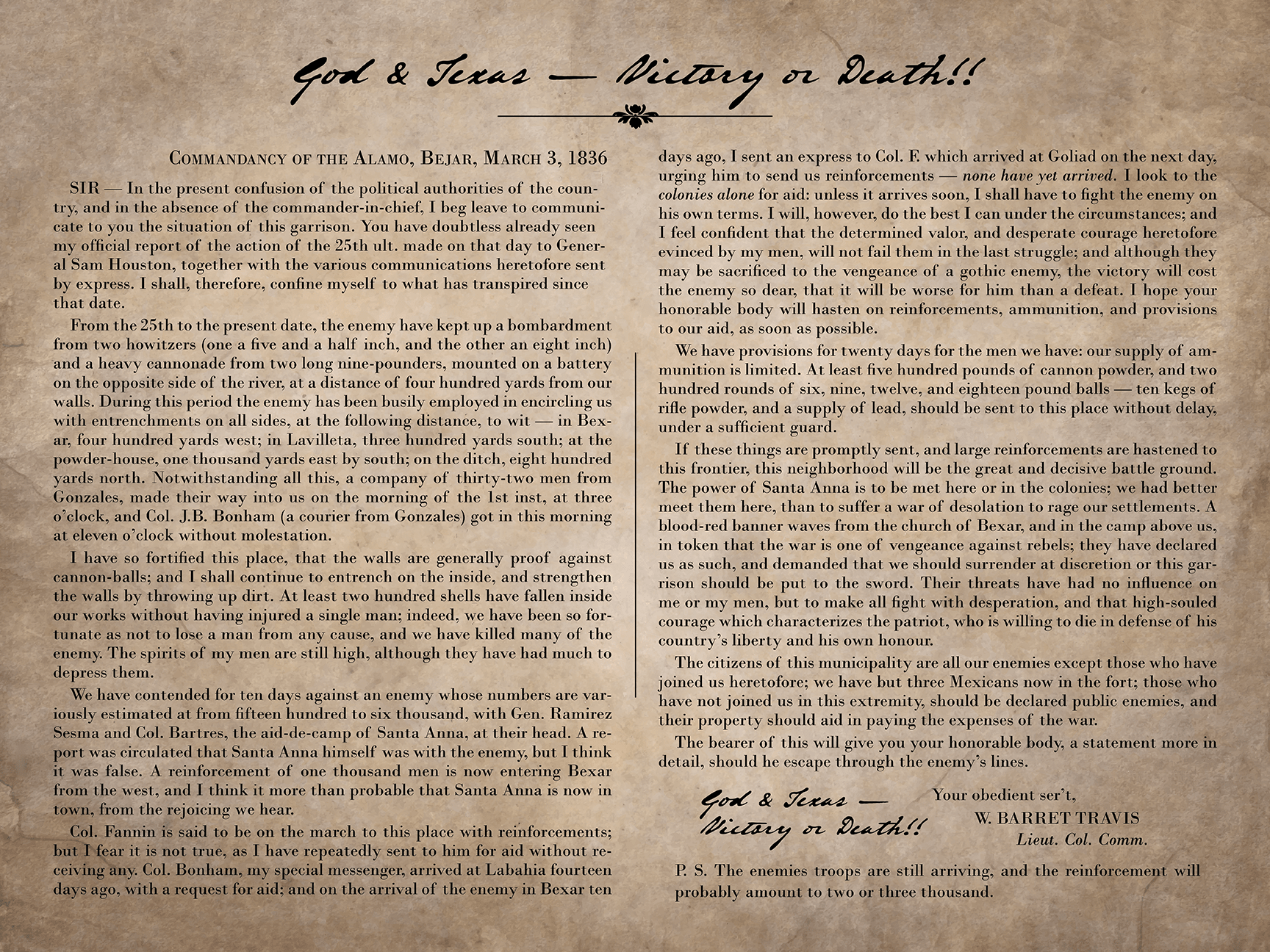 William Barret Travis' "God & Texas" Alamo Letter - Fine Art Print ...